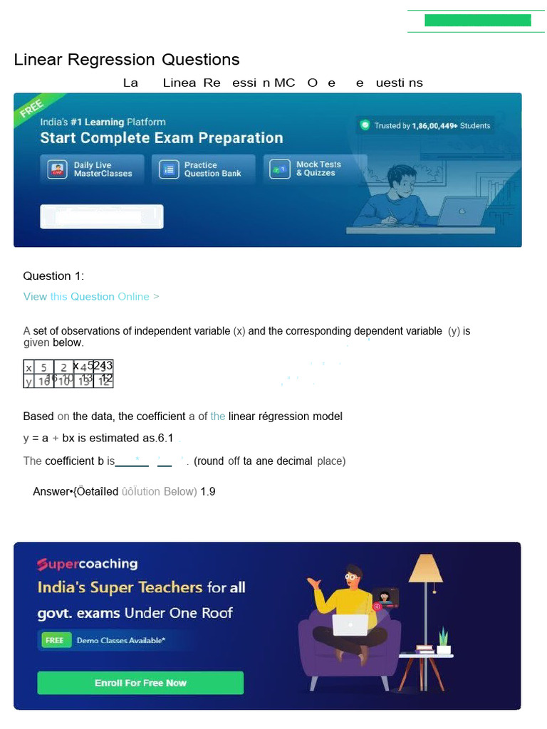 Mcq-On-Linear-Regression - 5eea6a0b39140f30f369dd1c | PDF | Least ...