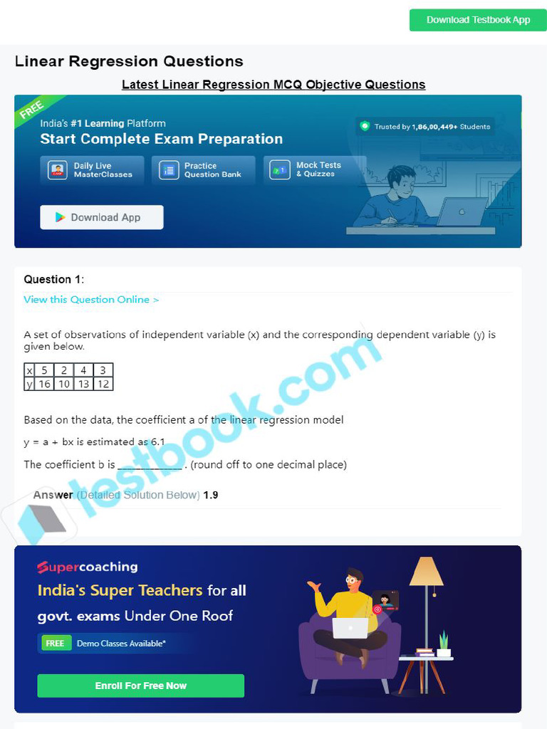 MCQ On Linear Regression 5eea6a0b39140f30f369dd1c | PDF