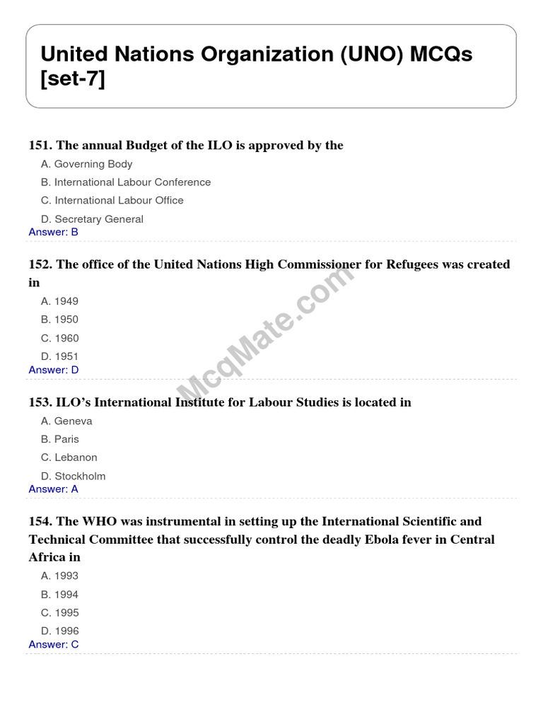 United Nations Organization (UNO) Solved MCQs (Set-7) | PDF | United ...