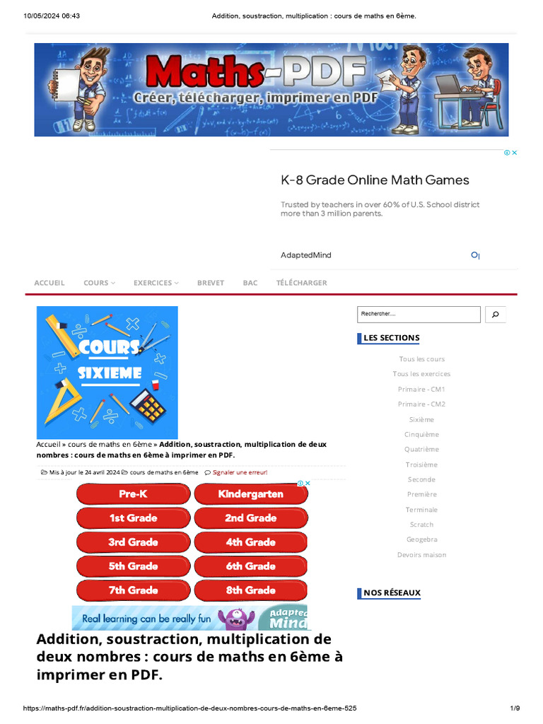 Addition, Soustraction, Multiplication - Cours de Maths en 6ème | PDF ...