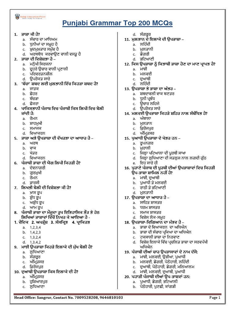 Punjabi Grammar Important Mcqs | PDF