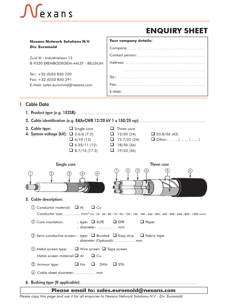 Euromold - Cable Enquiry Sheet | PDF | Electrical Equipment | Electric ...