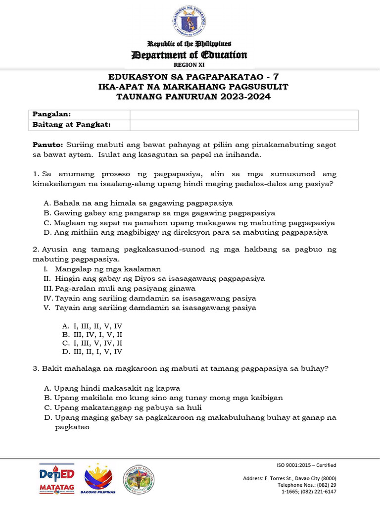 Esp 7 4thquarter 2023-2024 TQ Ak Tos | PDF