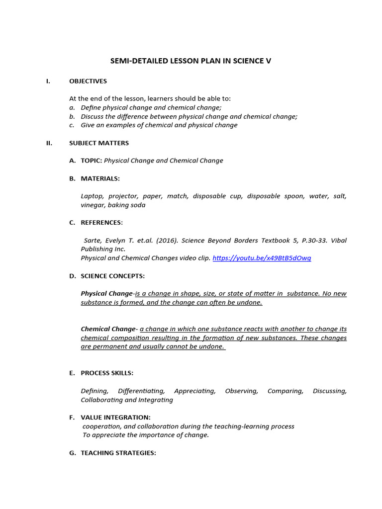 Semi Detailed Lesson Plan in Science 4 | PDF | Chemical Substances | Matter