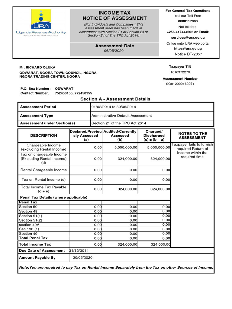 Assessment Date: Income Tax Notice of Assessment | PDF | Taxes | Money