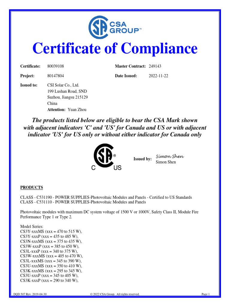 CSA Certificate for Photovoltaic Modules | PDF | Voltage | Electrical Network