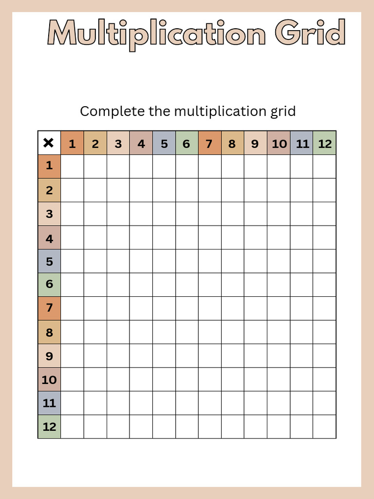 Colourful Pastel Multiplication Grid 1-12 Times Table Worksheet | PDF