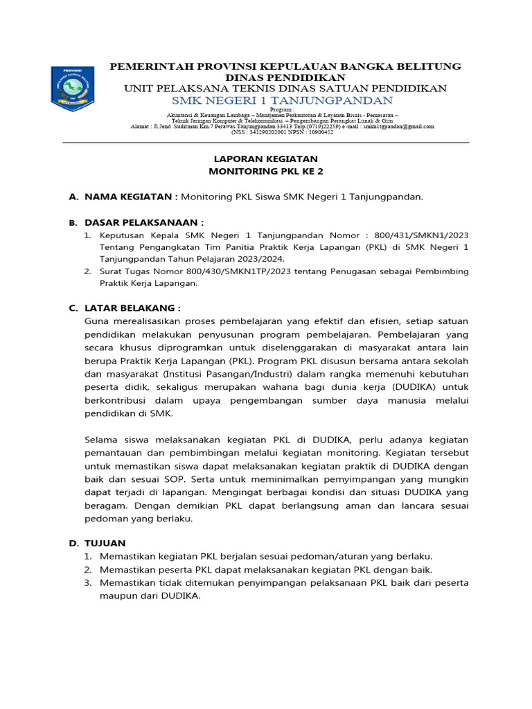 Laporan Monitoring PKL SMK Negeri 1 | PDF | Bisnis