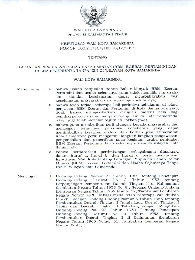 SK Larangan Penjualan BBM Eceran Tahun 2024 | PDF