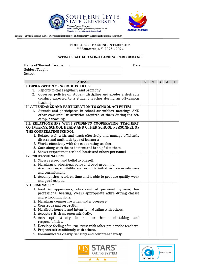 Form 13 Rating Scale For Non Teaching Performance | PDF | Teachers | Leadership
