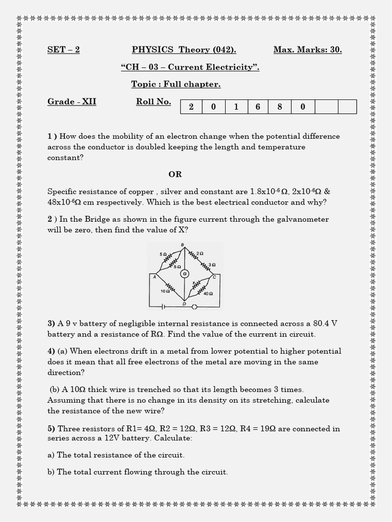Physics Worksheet Class 12 2024. | PDF | Electrical Resistance And Conductance | Resistor