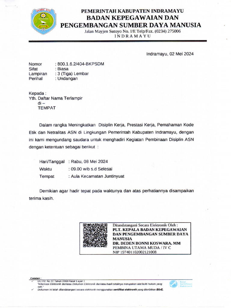 Undangan Pembinaan Disiplin ASN Kec - Junti | PDF