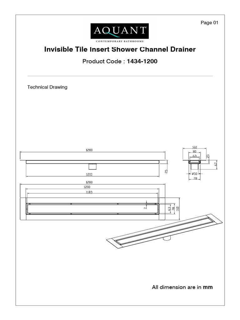 Invisible Tile Insert Shower Channel Drainer: Product Code: 1434-1200 ...
