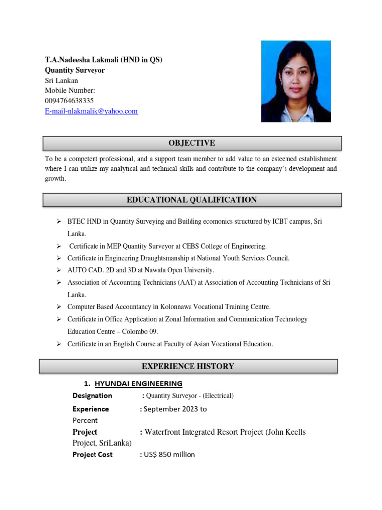 Quantity Surveyor - CV | PDF | Career & Growth | Business
