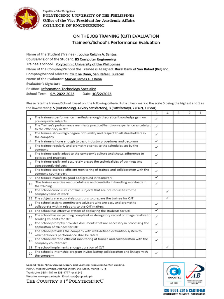 SANTOS TraineesSchools Performance Evaluation | PDF | Career & Growth