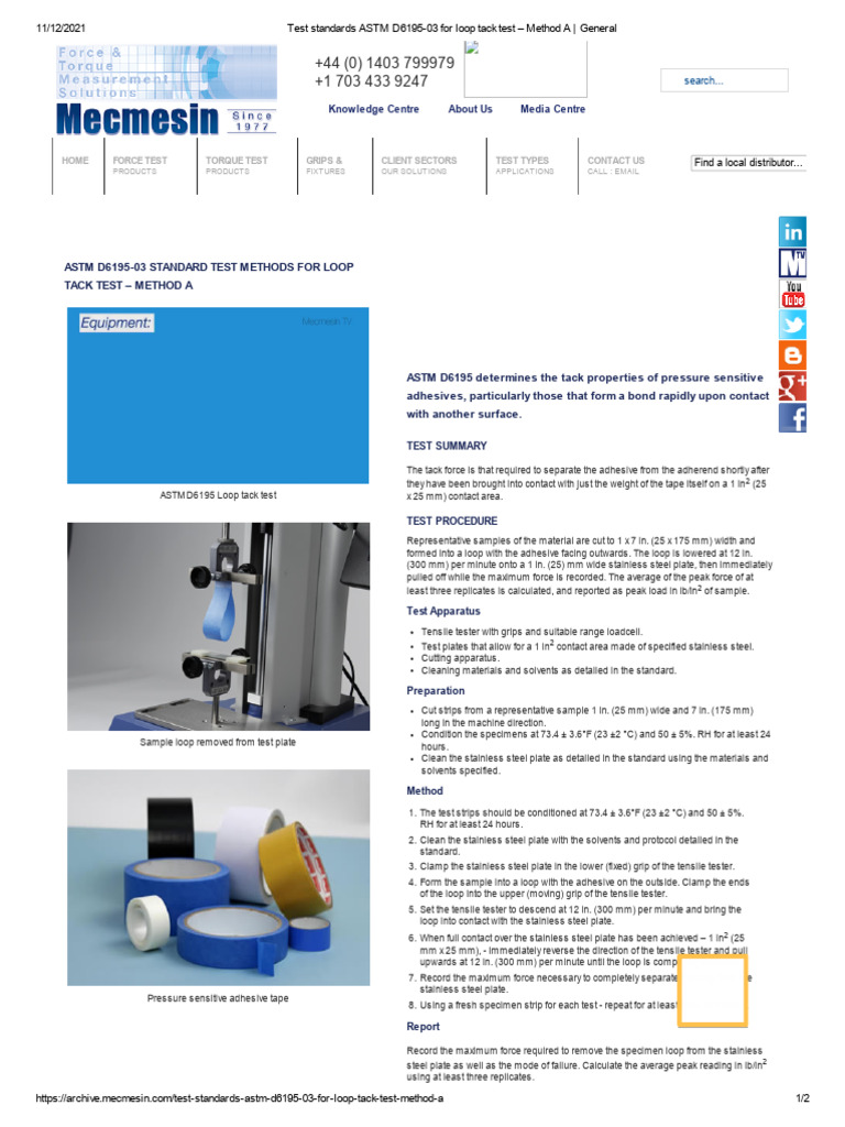 Test Standards ASTM D6195-03 For Loop Tack Test - Method A - General ...