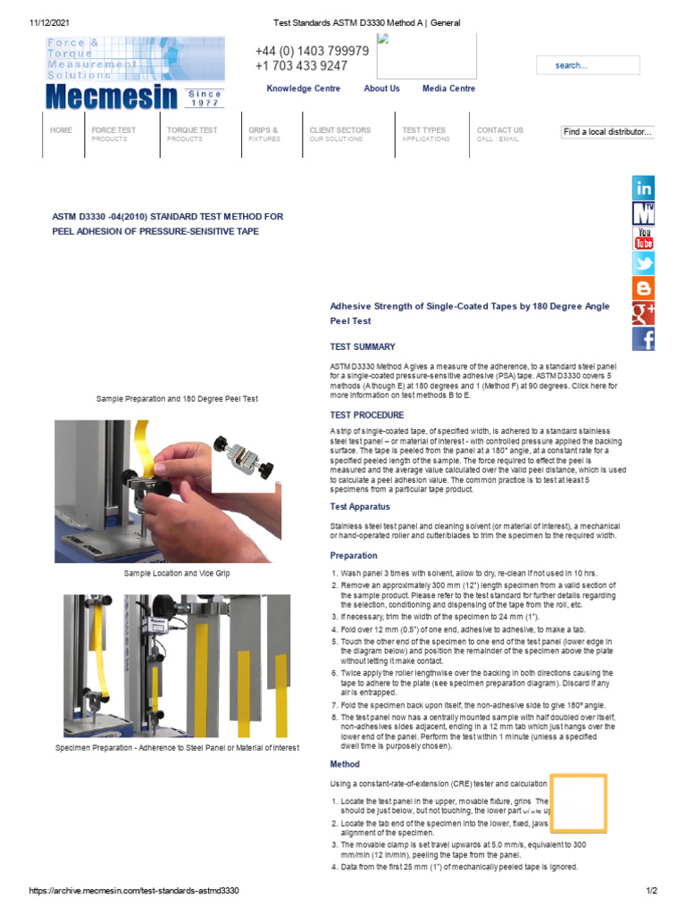 Test Standards ASTM D3330 Method A - General | PDF | Materials ...