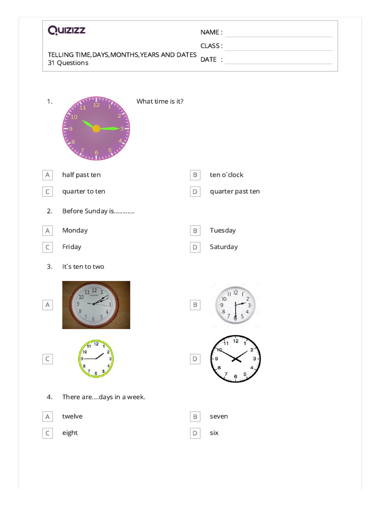 Time and Date Quiz for Students | PDF