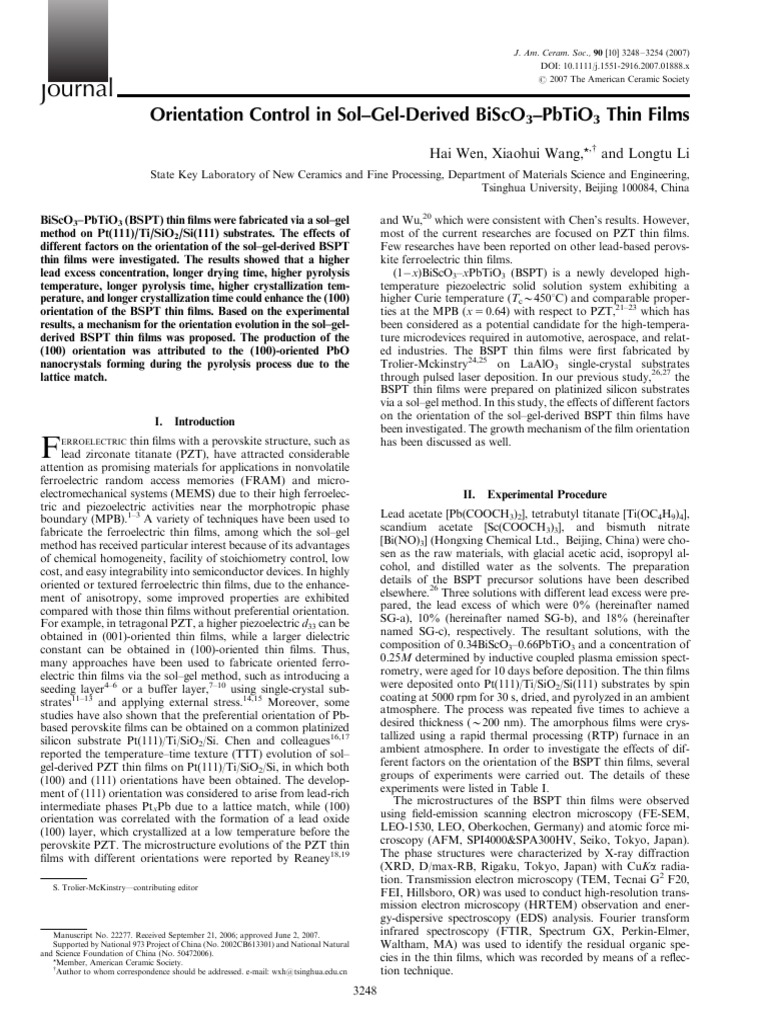 2007 Orientation Control in Sol-Gel-Derived BiScO3-PbTiO3 Thin Films ...