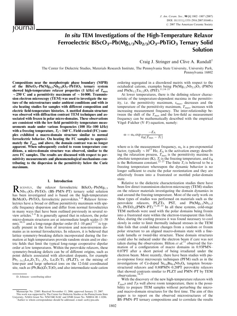 2007 N Situ TEM Investigations of The High-Temperature Relaxor Ferroelectric BiScO3 PbMgNb2O3 ...