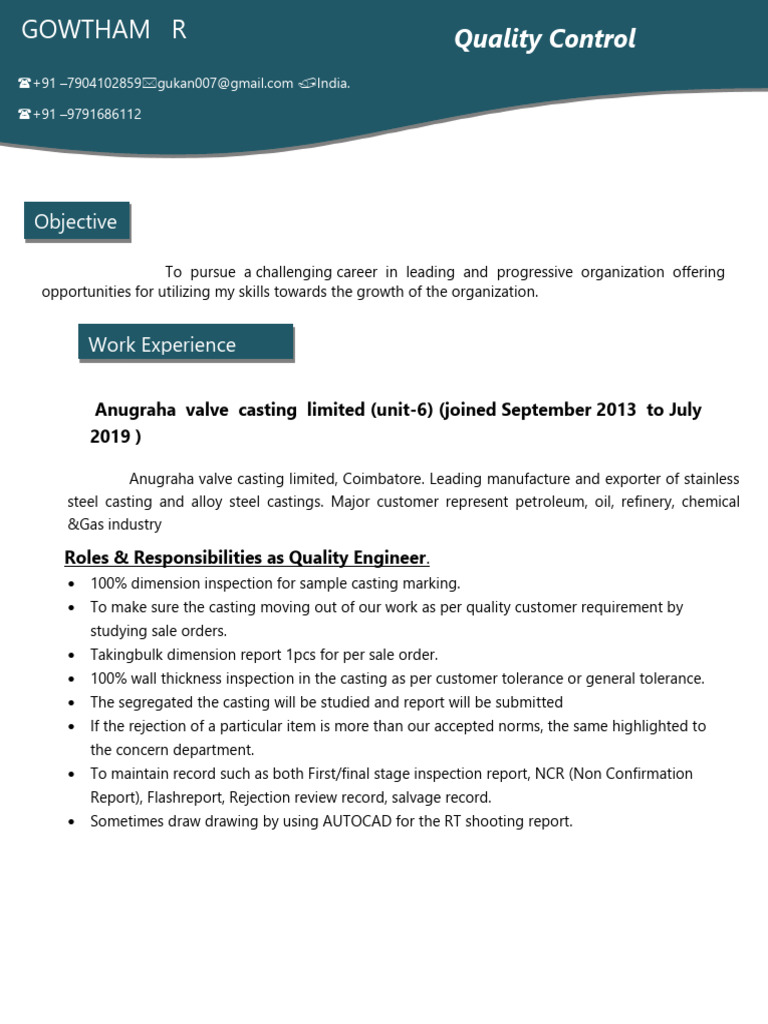 Gowtham - Resume New-1-1 | PDF | Valve | Steel