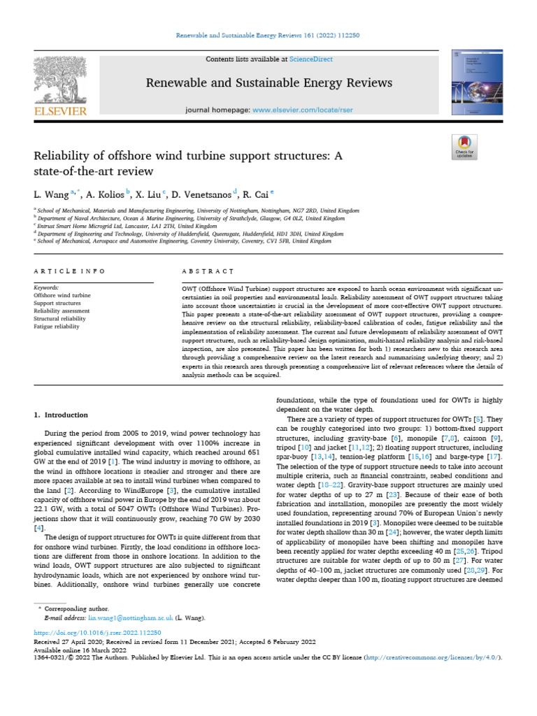 Reliability of Offshore Wind Turbine Support Structure-State of The Art Review | PDF ...
