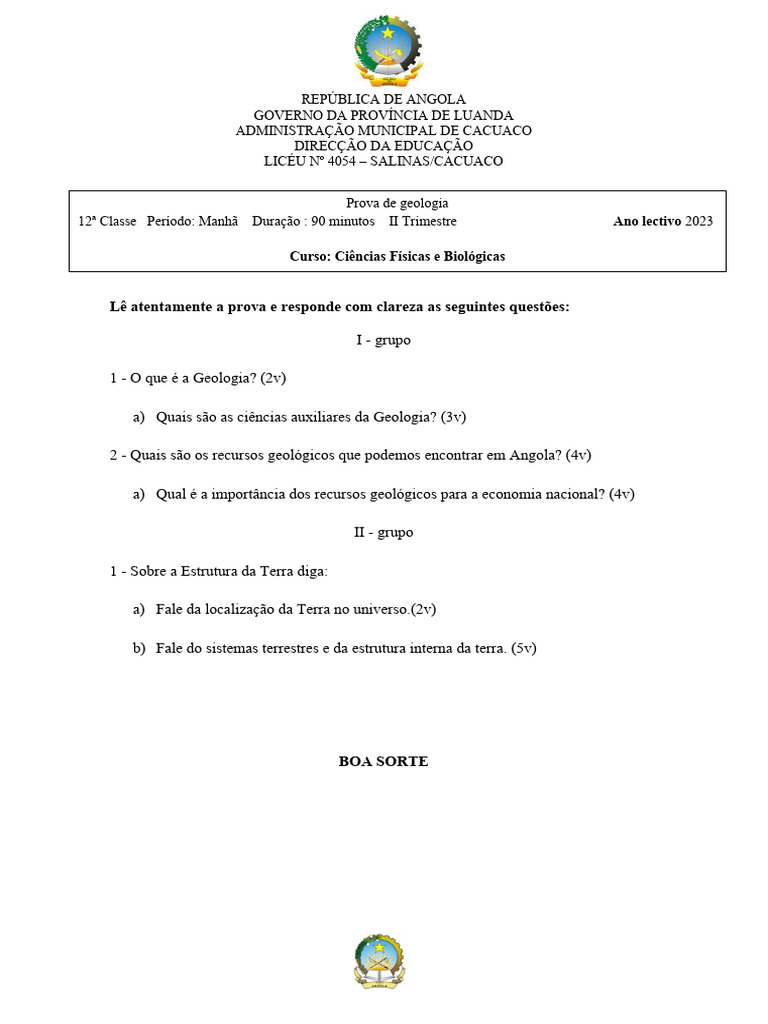 Prova de Geologia 12ª Classe | PDF | Geologia | Ensino médio