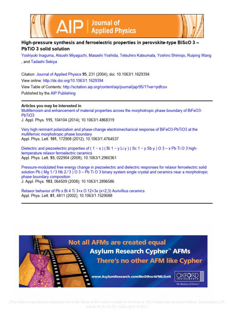 2004 High-Pressure Synthesis and Ferroelectric Properties in Perovskite ...