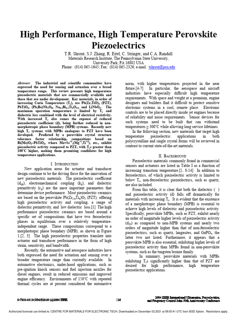 2004 High Performance, High Temperature Perovskite Piezoelectrics | Download Free PDF ...