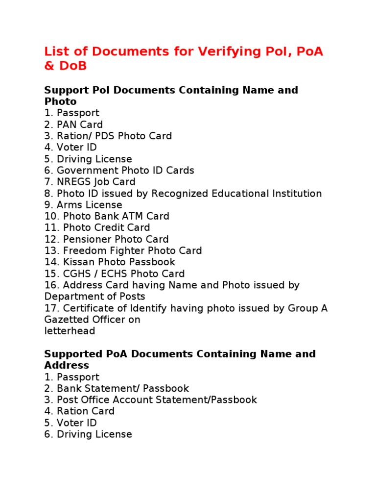 PoI, PoA, and DoB Document List | PDF | Law