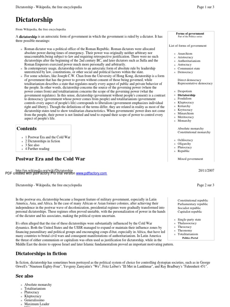 En Wikipedia Org Wiki Dictatorship | PDF | Dictatorship | Forms Of ...