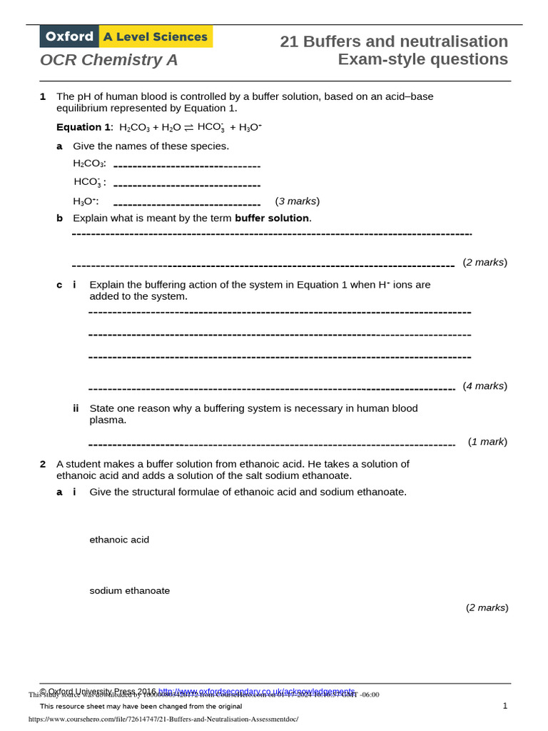 21 Buffers and Neutralisation Assessment | PDF | Buffer Solution | Ph