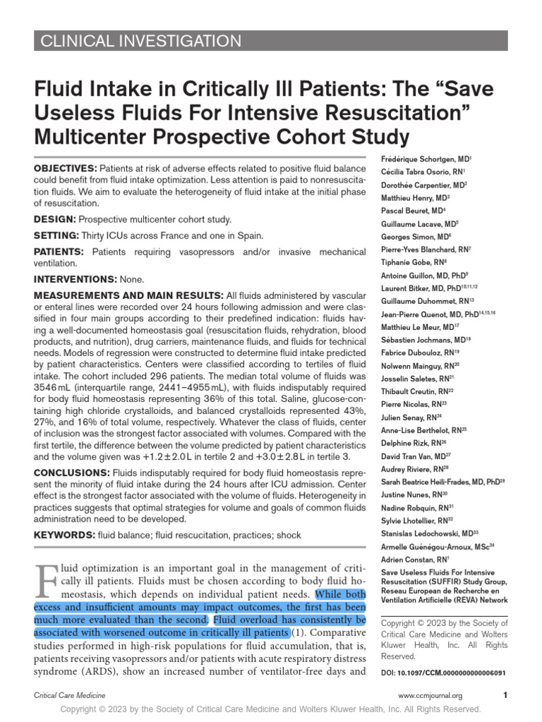 Fluid Intake in Critically Ill Patients The "Save Useless Fluids | PDF ...