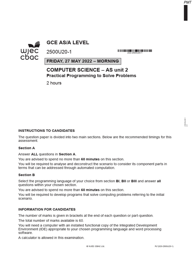 June 2022 QP - Unit 2 WJEC Computer Science AS-level | PDF | Information Technology | Computer ...