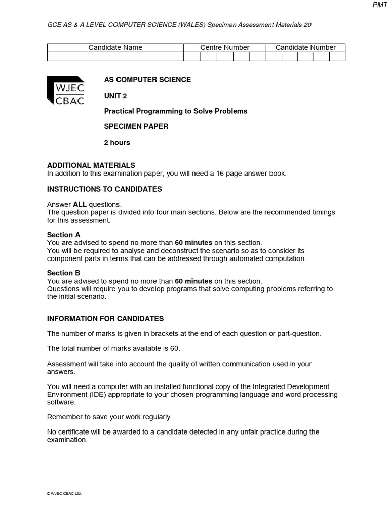 Specimen QP - Unit 2 WJEC Computer Science A-Level | PDF | Computer Programming | Computer Science