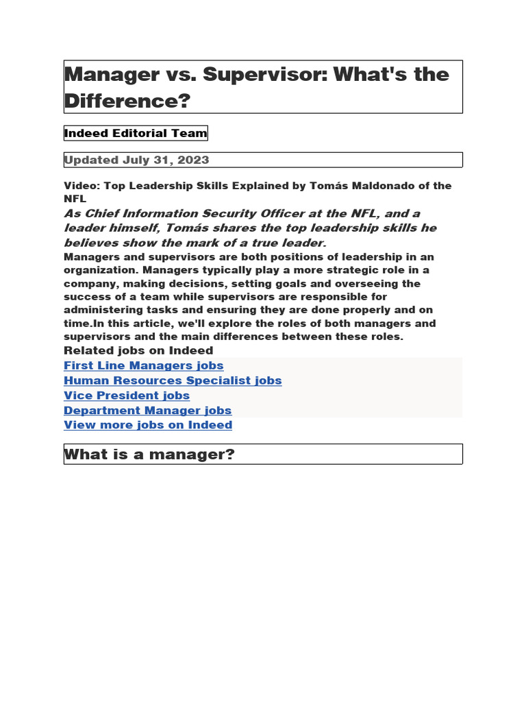 Manager Vs Supervisor | Download Free PDF | Leadership | Employment
