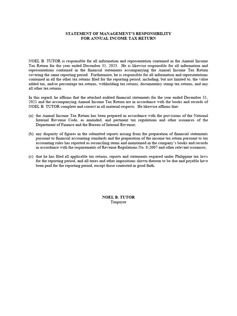 Noel B. Tutor (St. Anthonys Gas Station) SMR For ITR 2023 | PDF ...