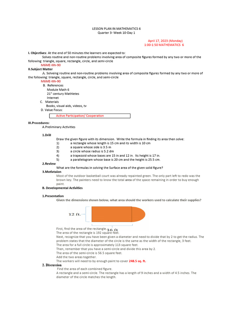 Area of Composite Figures Lesson Plan | PDF | Area | Length