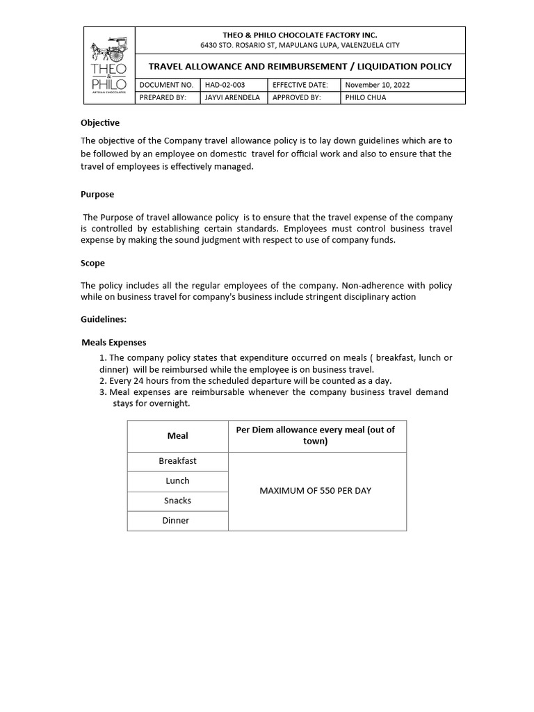 Travel Allowance Policy | PDF | Per Diem | Meal
