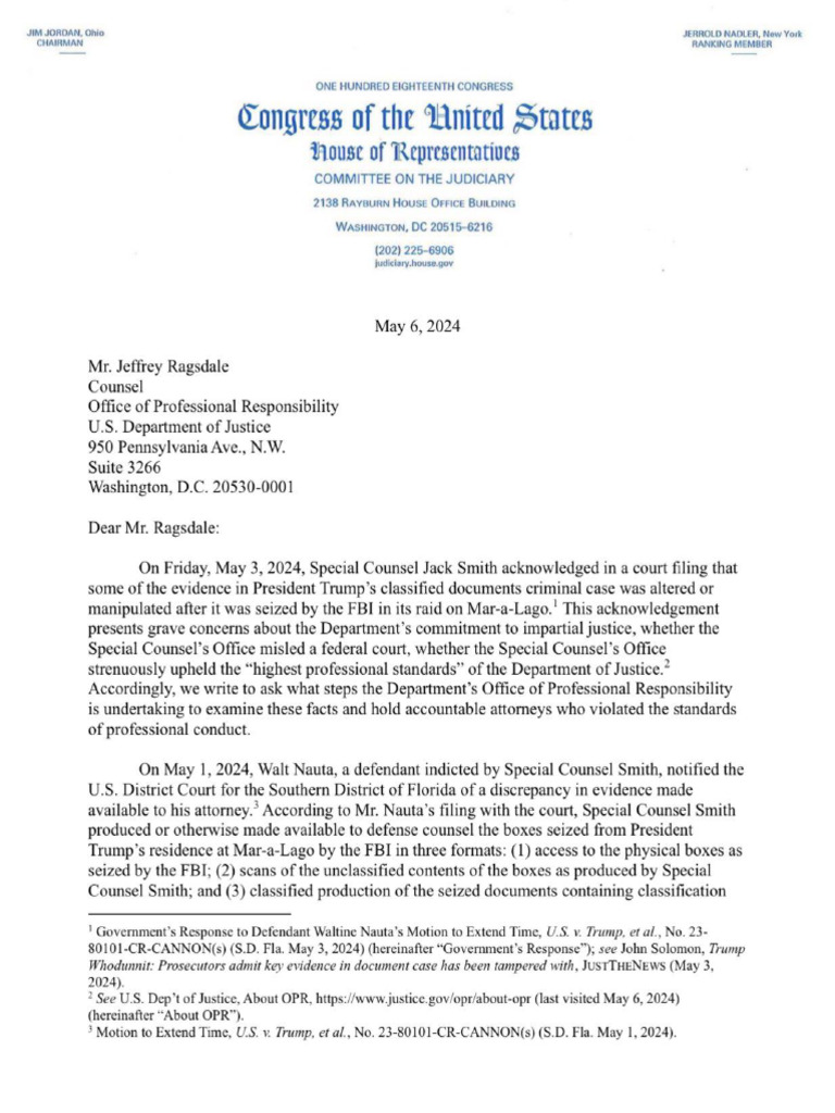 Jim Jordan Investigates Jack Smith Document Manipulation | PDF