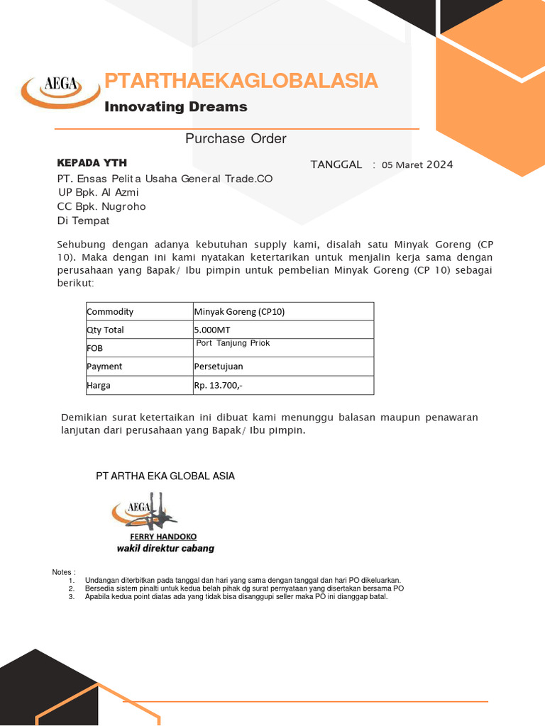 PO CP10 PT Ensas Pelita | PDF