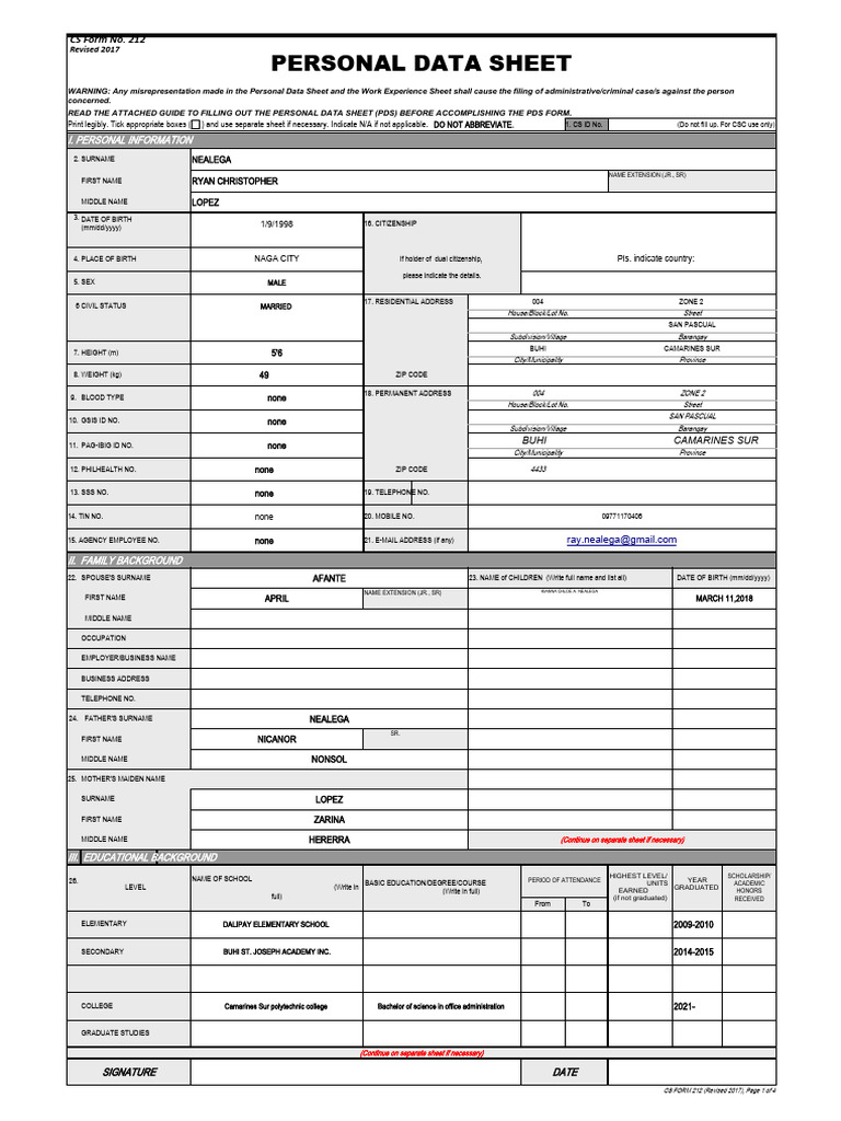 Personal Data Sheet Template | PDF | Government | Justice
