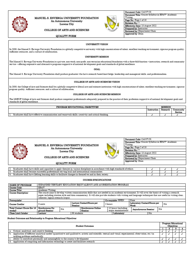 Epaw Hyflex Syllabus 1ST Sem 2023 2024 | PDF