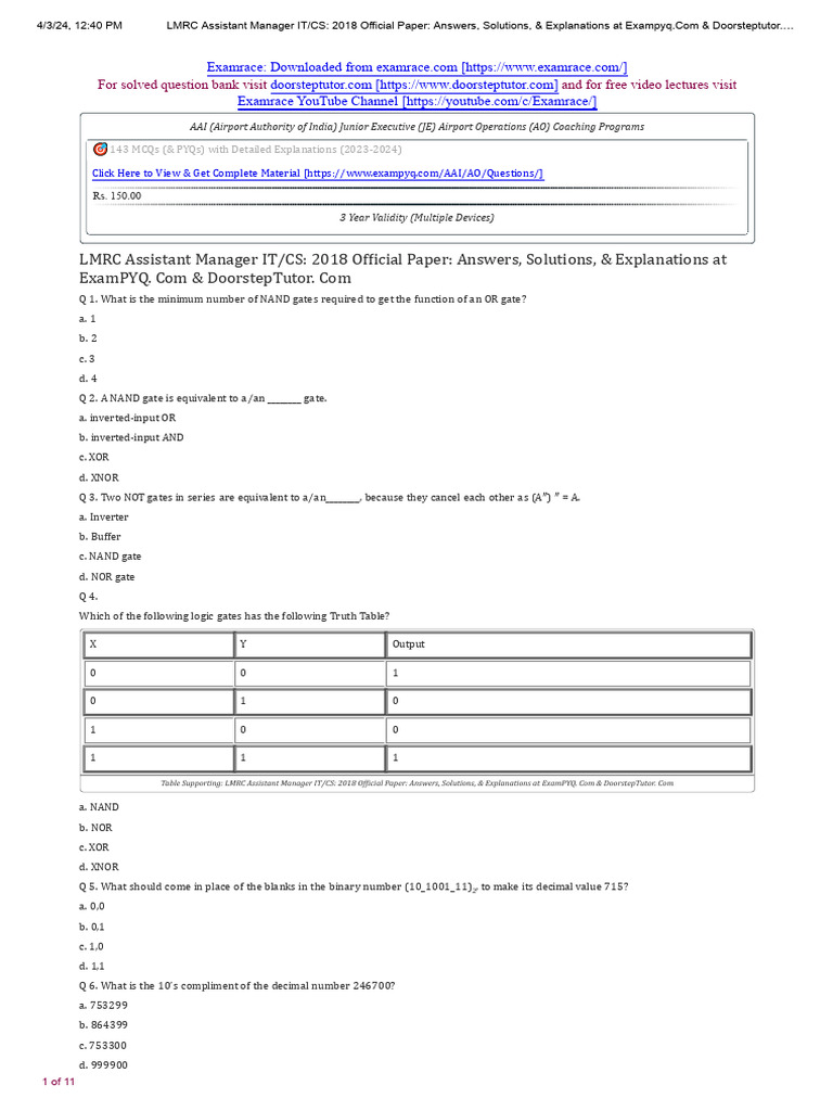 LMRC IT/CS 2018 Exam Solutions Guide | PDF | Computer Memory | Time ...
