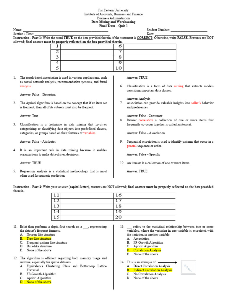 Data Mining and Warehousing Quizzes Compilation - Answer Key | Download Free PDF | Cluster ...