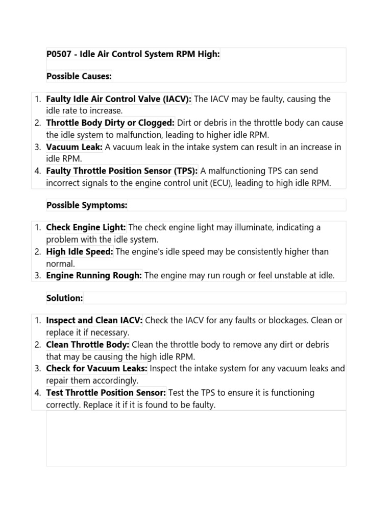 P0507 - Idle Air Control System RPM High | PDF