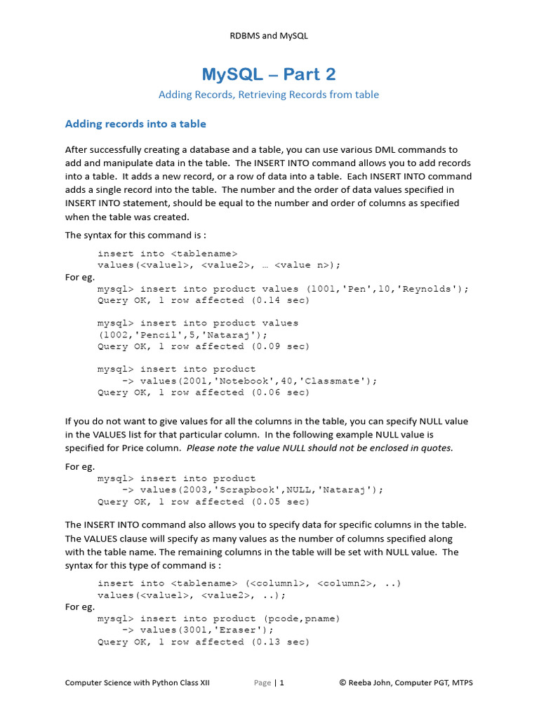 MySQL Part 2 | Download Free PDF | Table (Database) | Databases