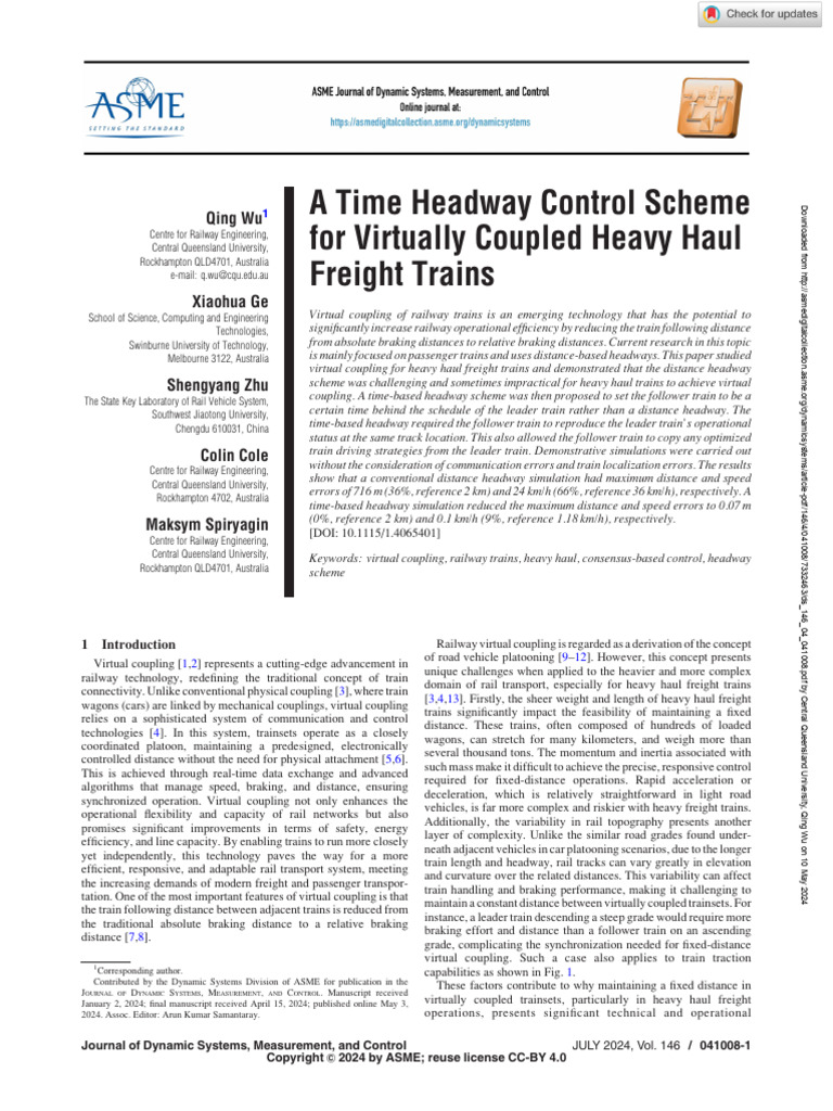 A Time Headway Control Scheme For Virtually Coupled Heavy Haul Freight ...