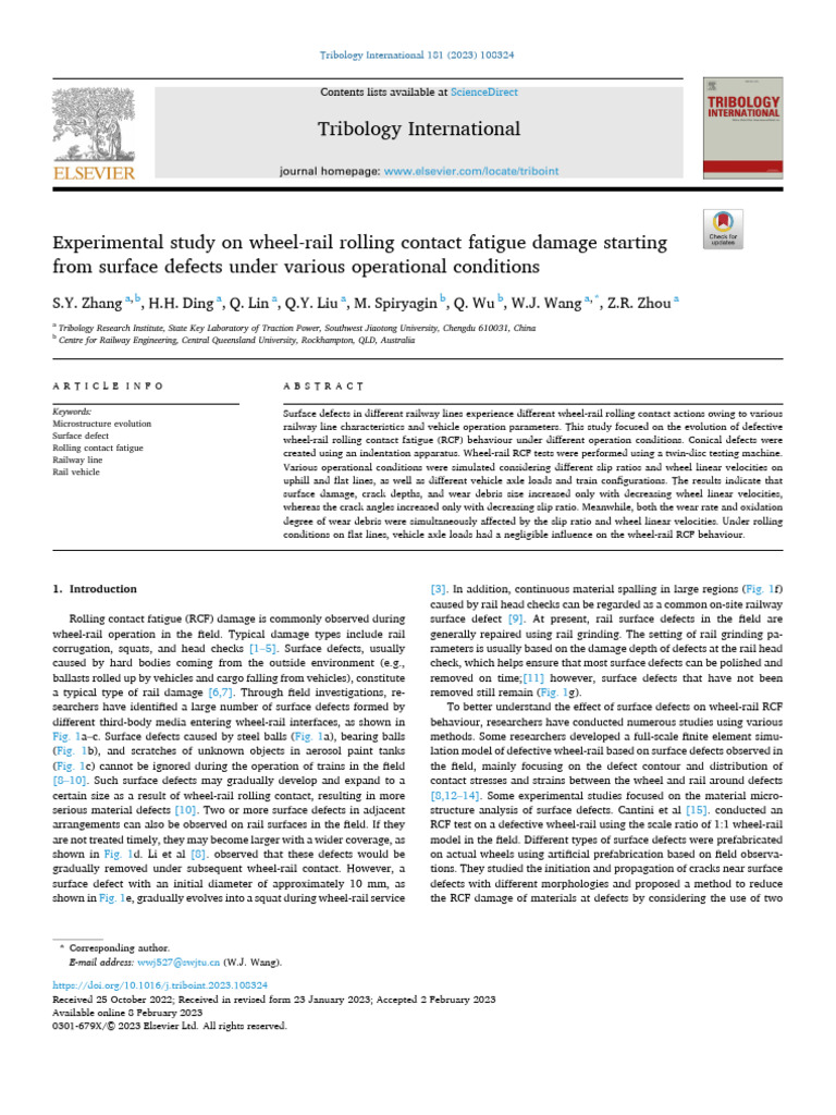 Experimental Study On Wheel-Rail Rolling Contact Fatigue Damage ...