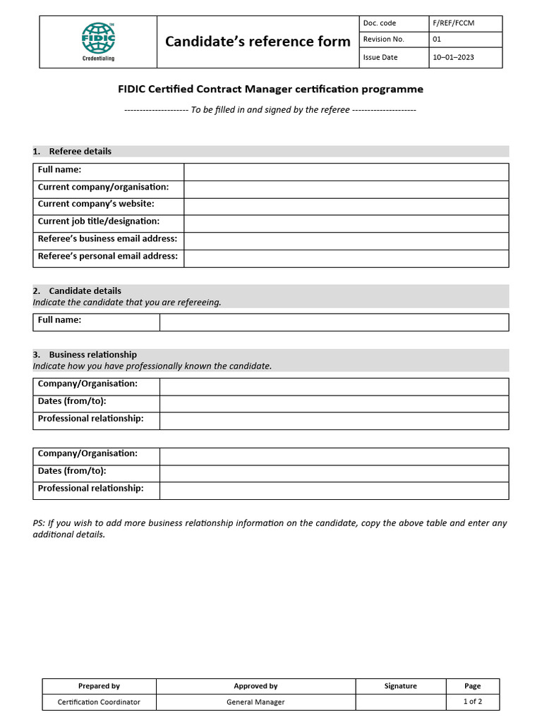 FIDIC Certified Contract Manager Reference Form | PDF